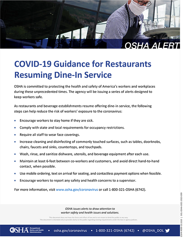 COVID-19 Guidance for Restaurants Resuming Dine-In Service: OSHA Alert ...