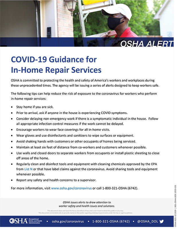 COVID-19 Guidance for In-Home Repair Services: OSHA Alert screenshot